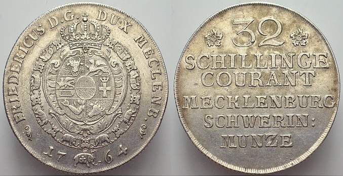 Mecklenburg-Schwerin 32 Schilling 1764 Friedrich 1756-1785. Attraktives Exemplar, fast ...