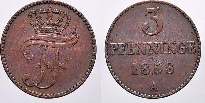 Mecklenburg-Schwerin Cu 3 Pfennige 1858 A Friedrich Franz II. 1842-1883 ...