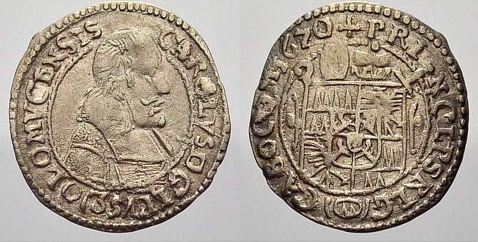 Olmütz, Bistum Groschen (3 Kreuzer) 1670 Karl II. von Lichtenstein 1664-1695. Selten. VF-EF | MA ...