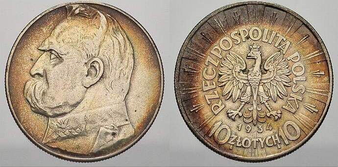 Polen-Republik 1918-1939 10 Zlotych 1934 Republik Polen 1918-1939. Seltener Jahrgang. EF mit ...