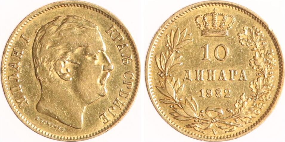 Serbien 10 Dinara 1882 Milan I. Obrenowitsch 1882-1889. VF | MA-Shops