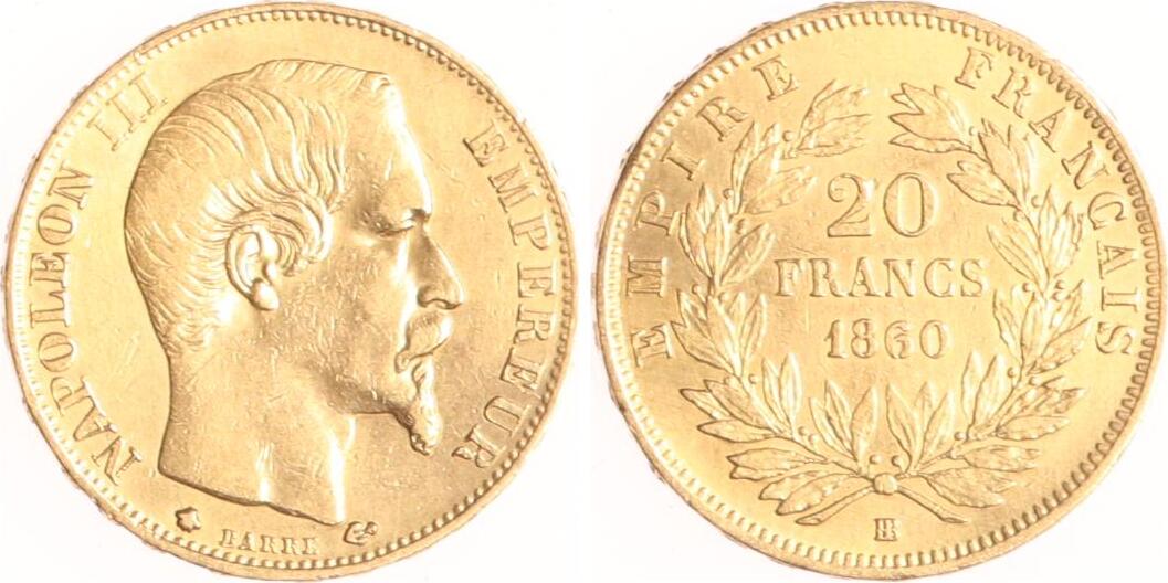 Frankreich 20 Francs 1860 BB Napoleon III. 1852-1870. VF+ | MA-Shops