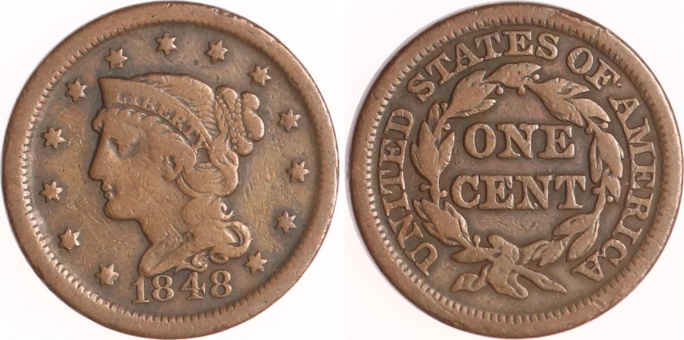 USA One Cent 1848 Braided Hair. VF | MA-Shops
