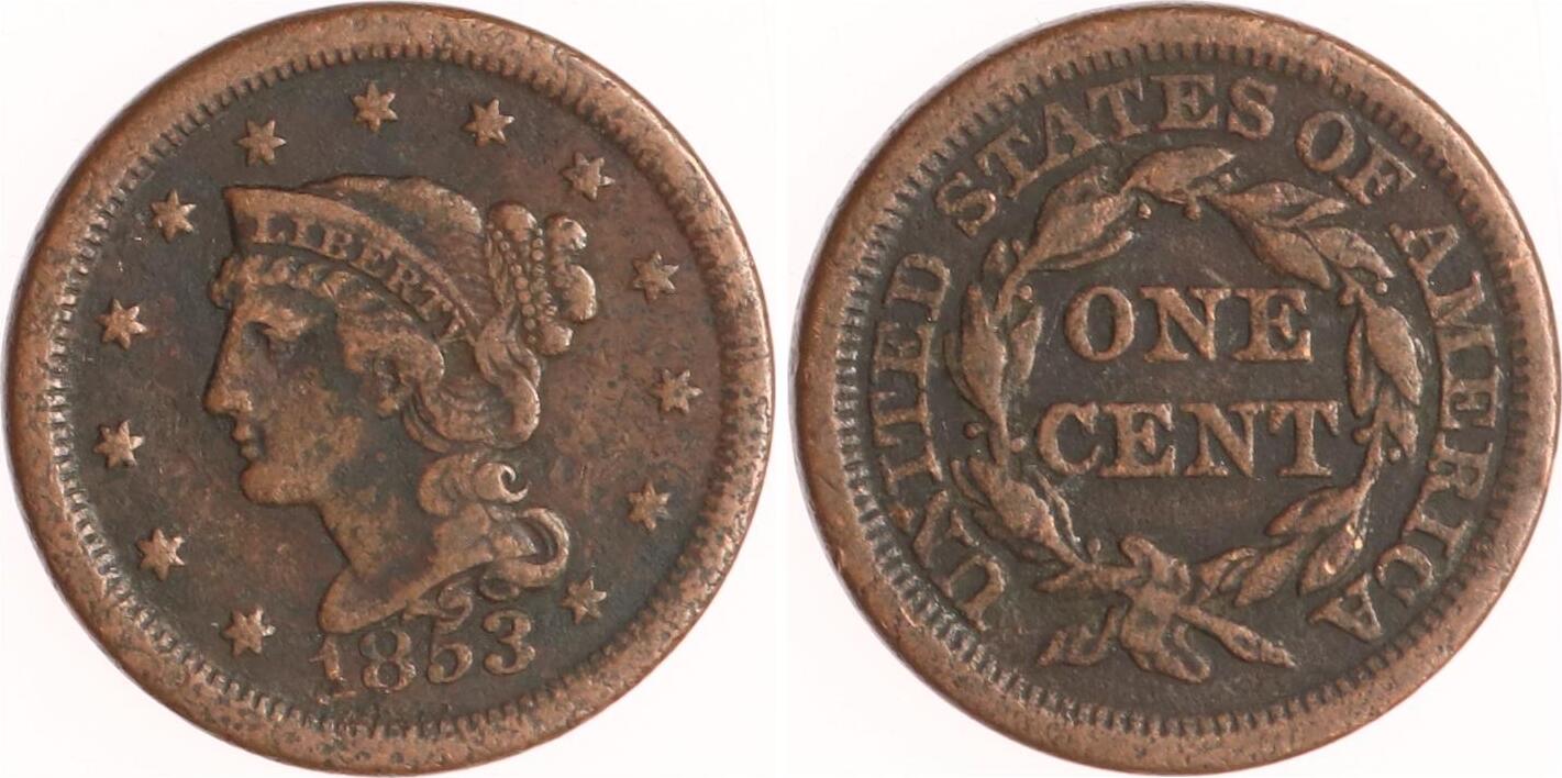 USA One Cent 1853 Braided Hair. VF- | MA-Shops