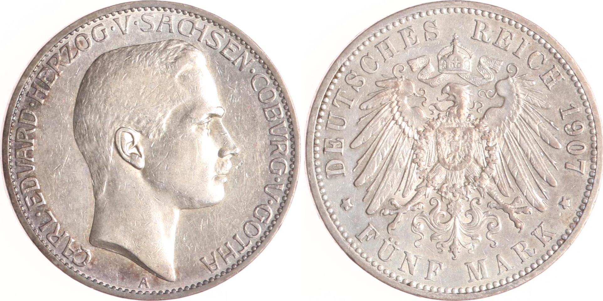 Sachsen-Coburg und Gotha 5 Mark 1907 A Carl Eduard 1900-1918. VF-EF ...