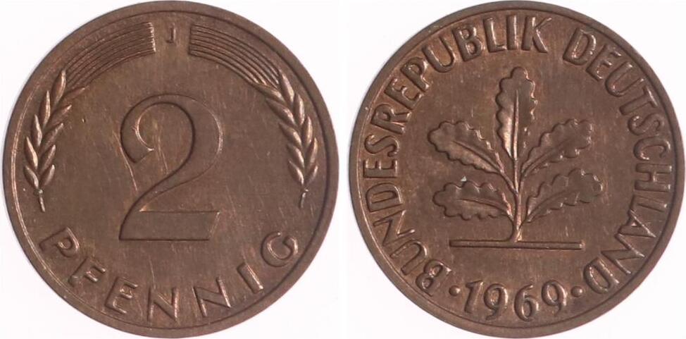 Bundesrepublik Deutschland 2 Pfennig 1969 J Bronze AU | MA-Shops