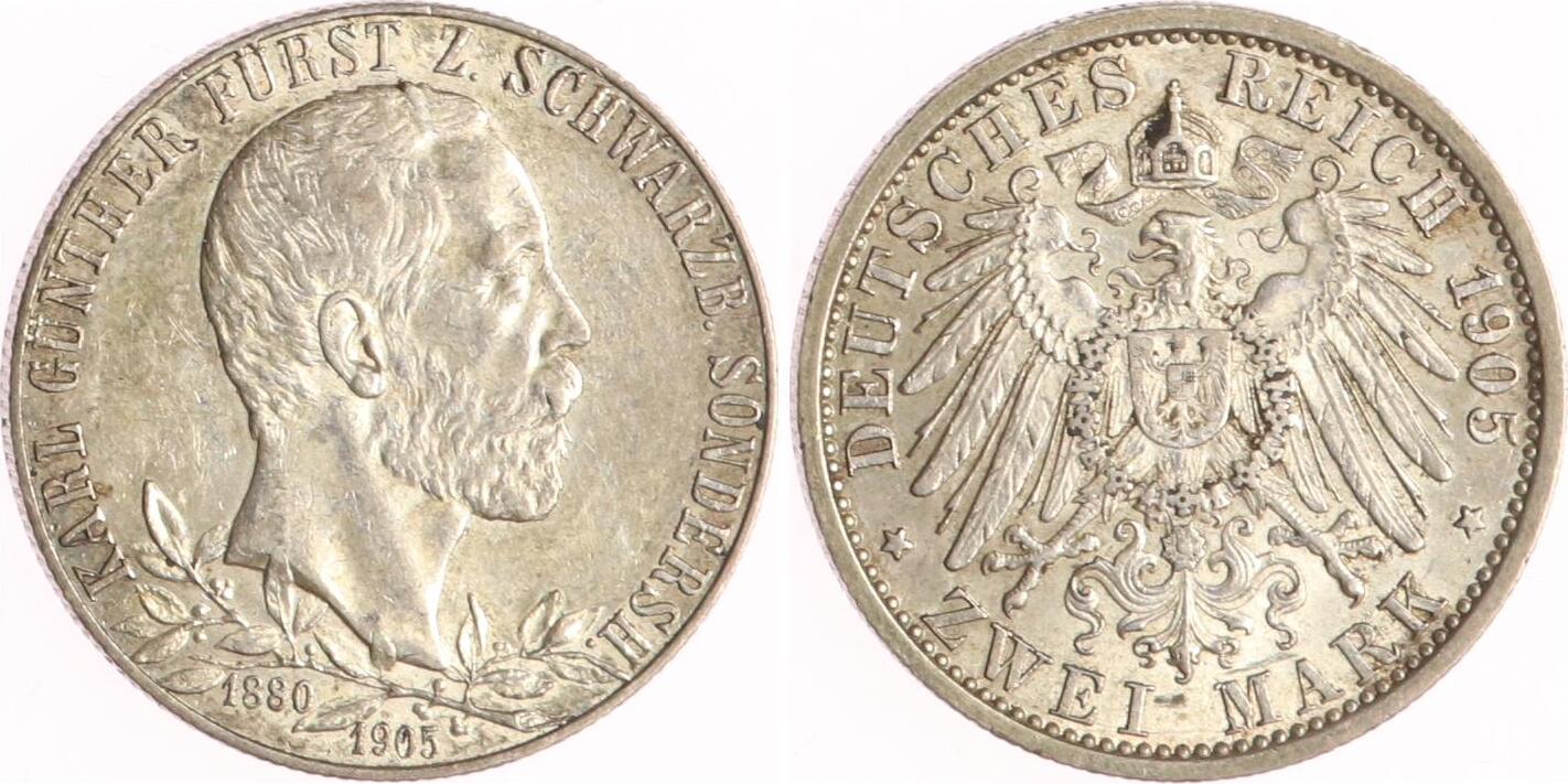 Schwarzburg-Sondershausen 2 Mark 1905 (A) Karl Günther 1880-1909. VF-EF | MA-Shops