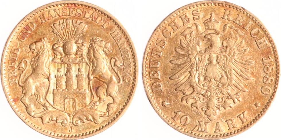 Hamburg 10 Mark 1880 J VF | MA-Shops