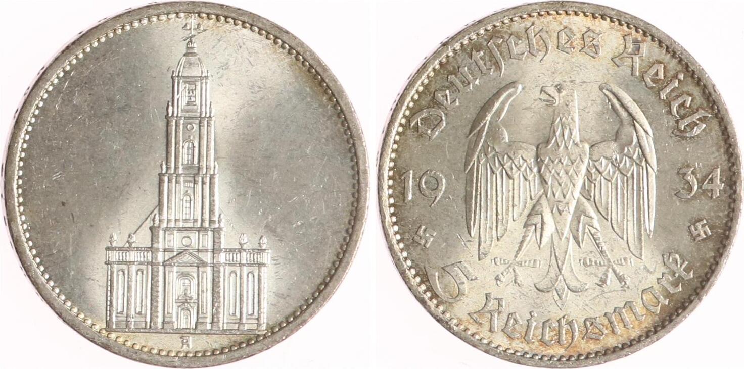 Drittes Reich 5 Reichsmark 1934 A Garnisonkirche ohne Datum UNC | MA-Shops