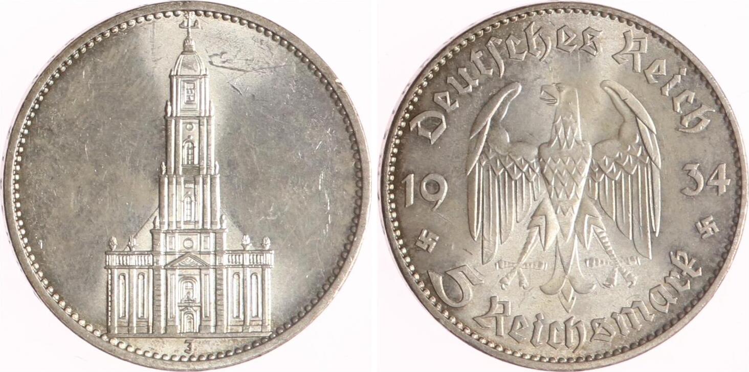 Drittes Reich 5 Reichsmark 1934 J Garnisonkirche ohne Datum UNC | MA-Shops
