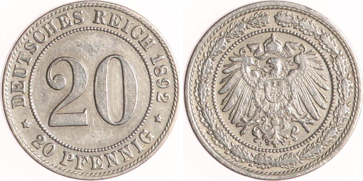 Kaiserreich 20 Pfennig 1892 J VF | MA-Shops