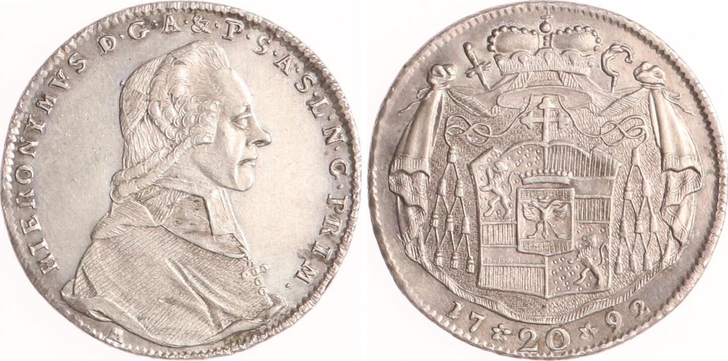 Salzburg, Erzbistum 20 Kreuzer 1792 Hieronymus von Colloredo 1772-1803. EF | MA-Shops