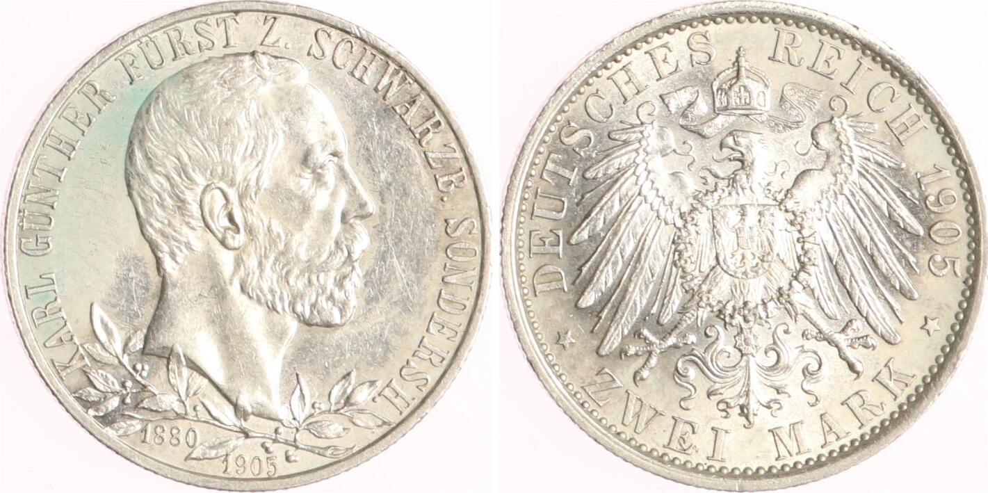 Schwarzburg-Sondershausen 2 Mark 1905 (A) Karl Günther 1880-1909. EF, etwas angelaufen | MA-Shops