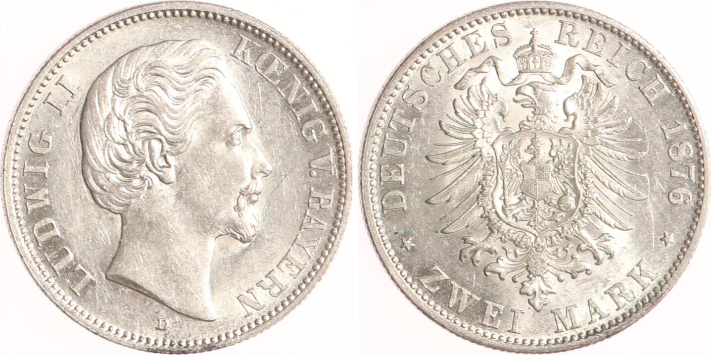 Bayern 2 Mark 1876 D Ludwig II. 1864-1886. EF | MA-Shops