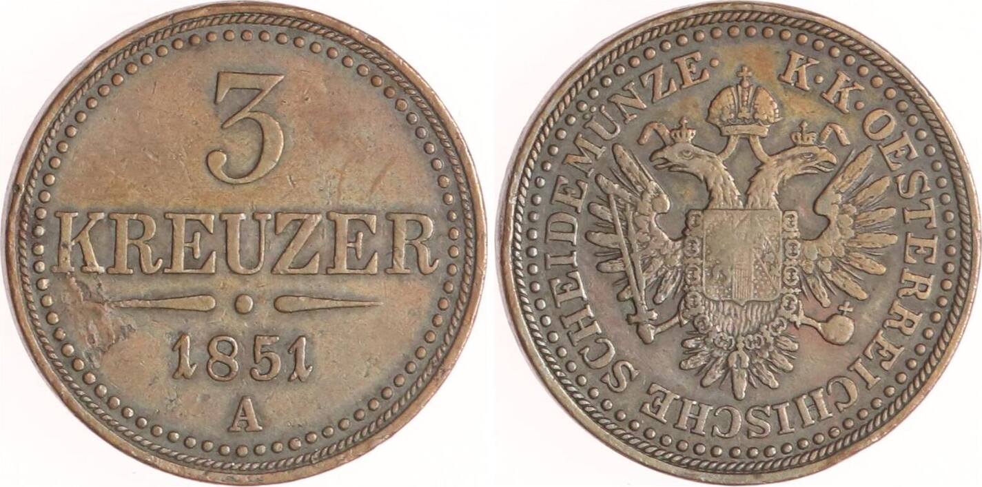 Österreich 3 Kreuzer 1851 A Franz Joseph I. 1848-1916. VF | MA-Shops