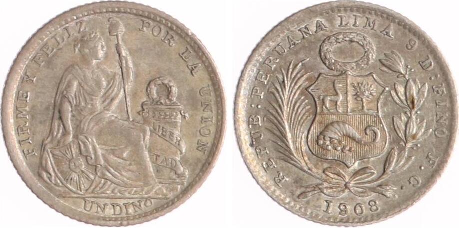Peru 1 Dinero 1908 FG VF-EF | MA-Shops