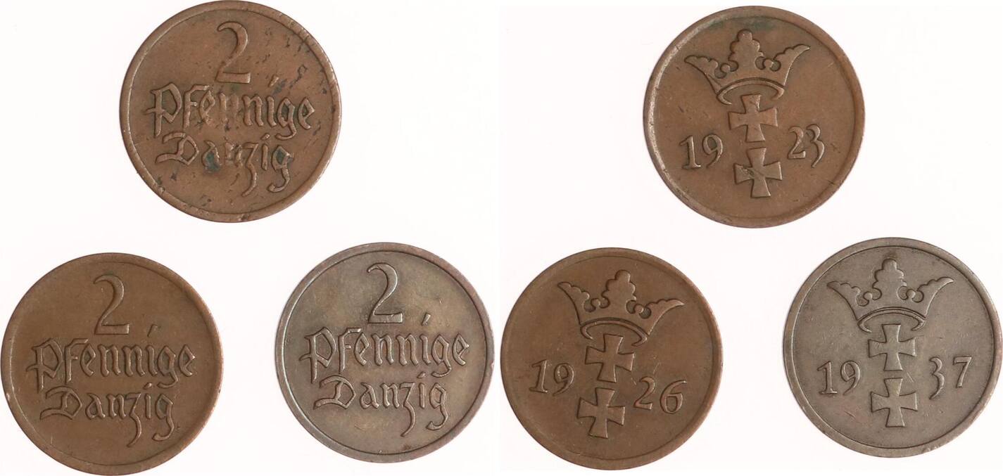 Danzig 3 x 2 Pfennig 1923 (A), 1926 (A), 1937 meist VF | MA-Shops