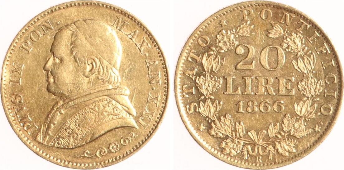 Vatikan 20 Lire 1866 Pius IX. 1846-1878. VF-EF | MA-Shops