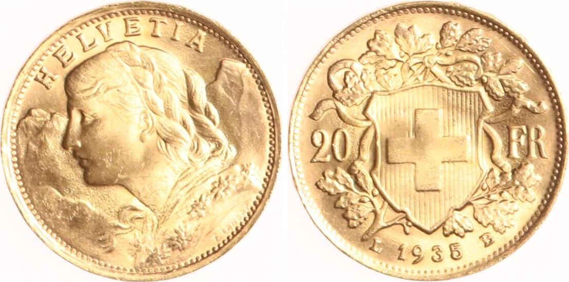 Schweiz 20 Franken 1935 Vreneli. UNC- | MA-Shops