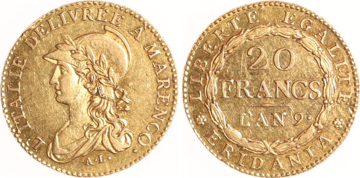 Italien, Subalpinische Republik 20 Francs AN 9 (1800) Turin. EF | MA-Shops