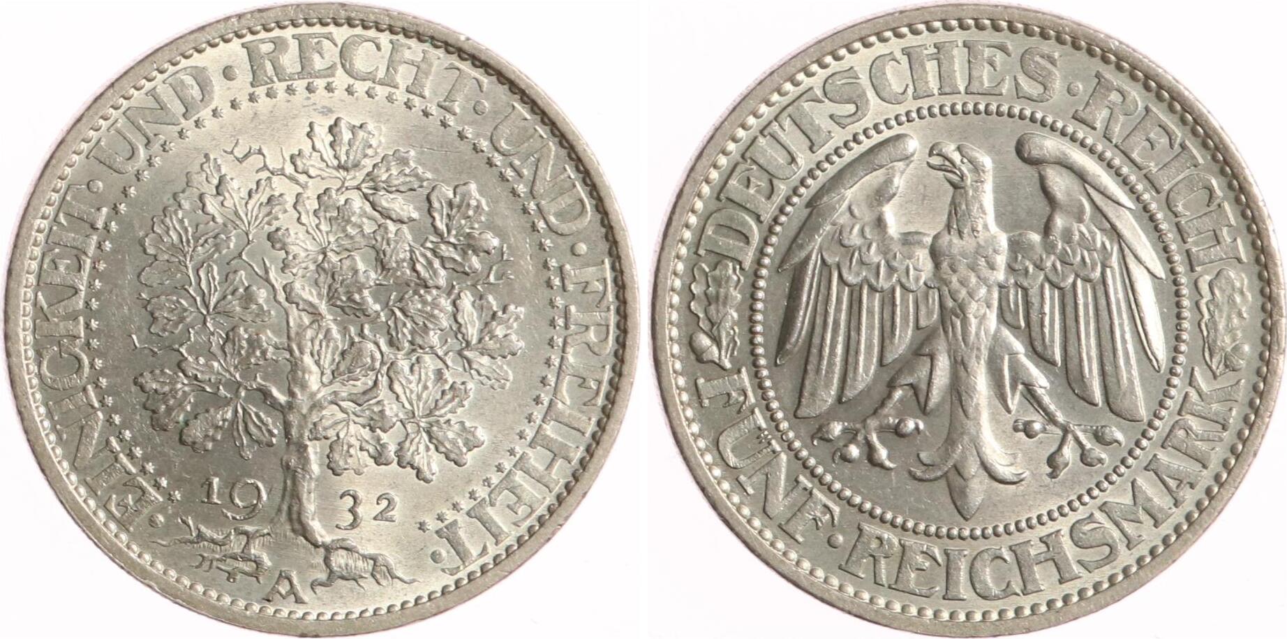 Weimarer Republik 5 Reichsmark 1932 A Eichbaum CH UNC | MA-Shops