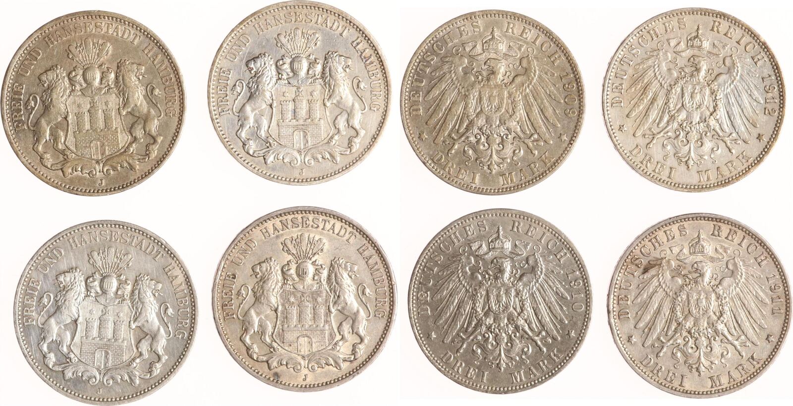 Hamburg 4 x 3 Mark 1909 J - 1912 J VF-EF | MA-Shops