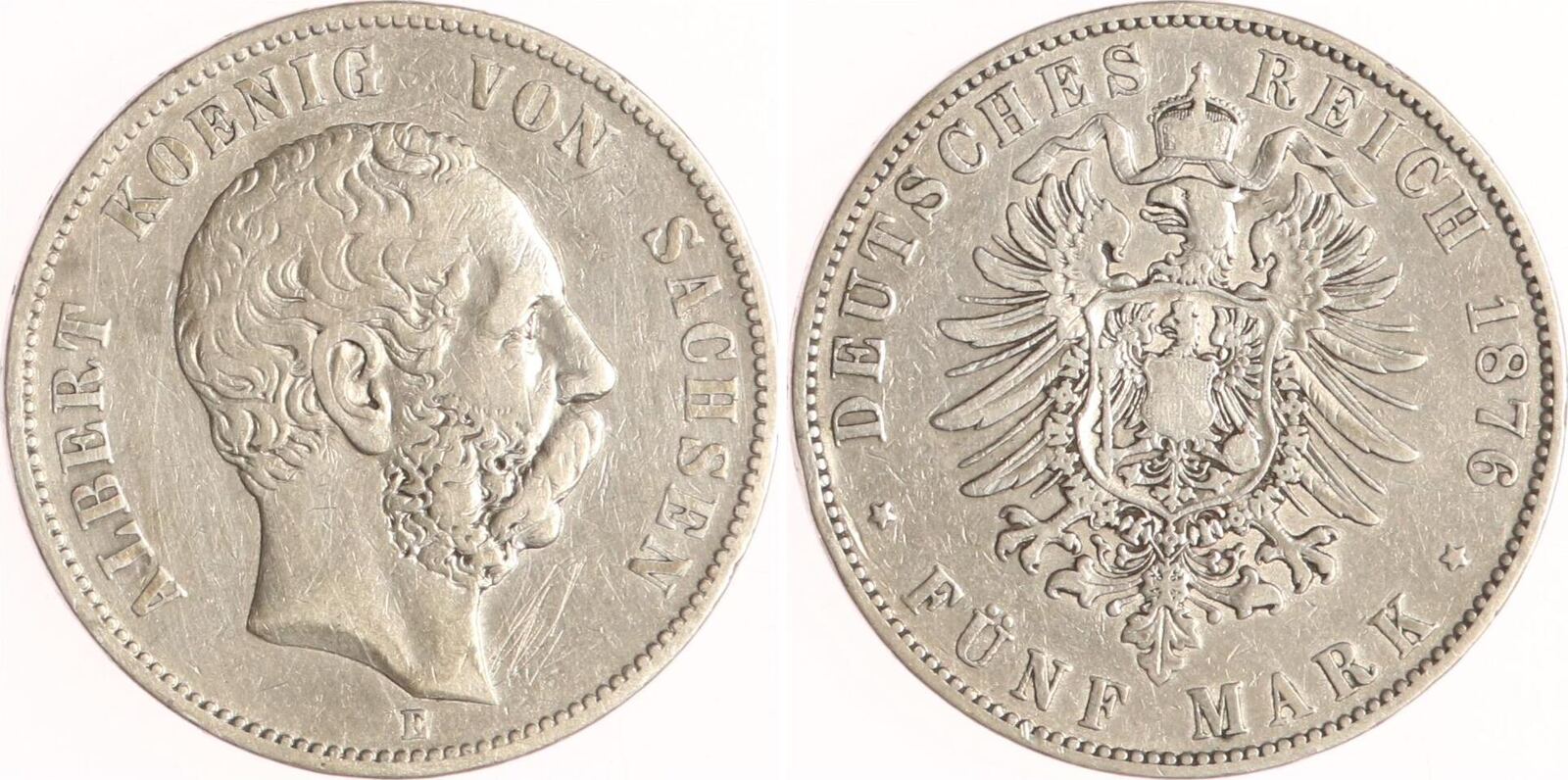 Sachsen 5 Mark 1876 E Albert 1873-1902. F/VF, kleiner Randfehler ...