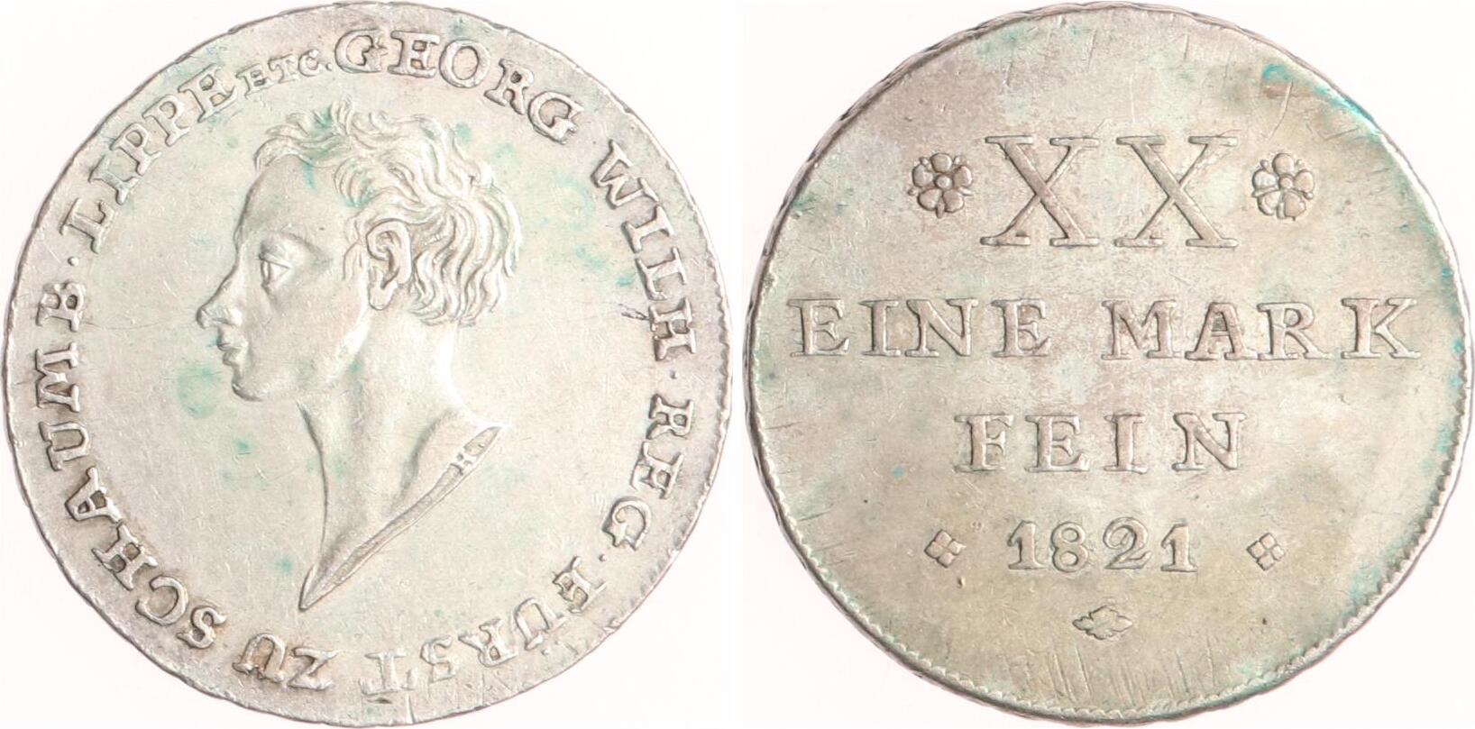 Schaumburg-Lippe 1/2 Konventionstaler 1821 Georg Wilhelm 1807-1860. VF ...