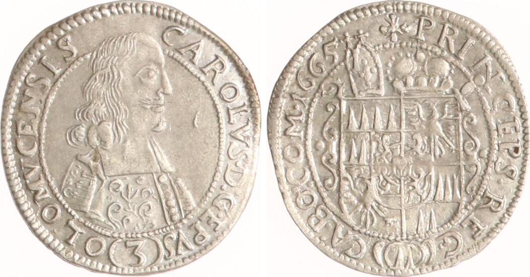 Olmütz, Erzbistum 3 Kreuzer 1665 Karl II. von Liechtenstein 1664-1695 UNC- | MA-Shops
