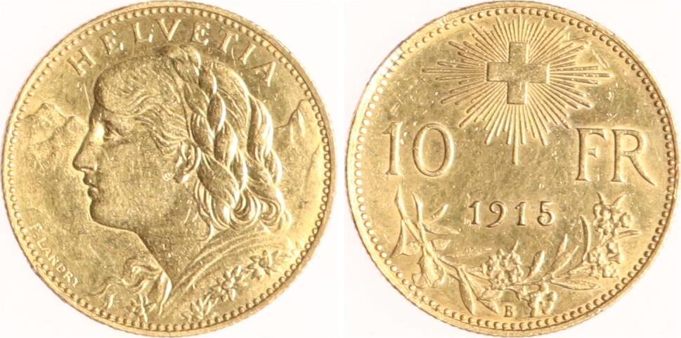 Schweiz 10 Franken 1915 B Vreneli. VF-EF | MA-Shops