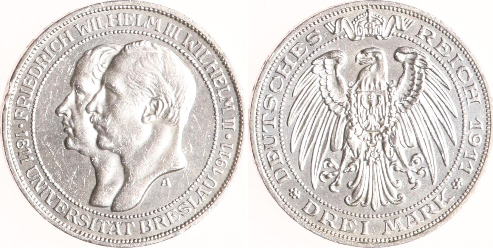 Preussen 3 Mark 1911 A Wilhelm II. 1888-1918. EF, winziger Randfehler | MA-Shops
