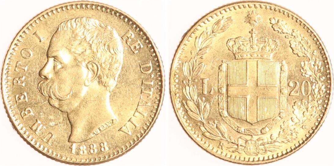 Italien 20 Lire 1888 Umberto 1878-1900. EF | MA-Shops
