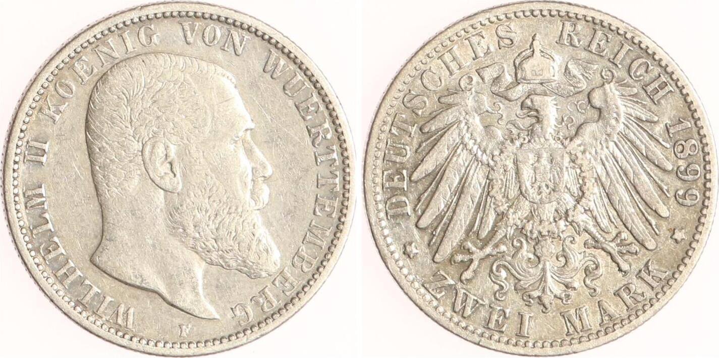 Württemberg 2 Mark 1899 F Wilhelm II. 1891-1918. VF | MA-Shops