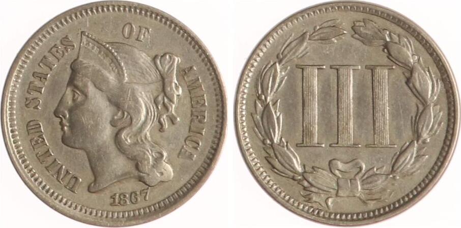 USA 3 Cents 1867 Nickel VF-EF | MA-Shops