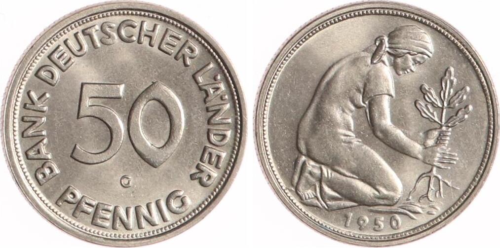 Bundesrepublik Deutschland 50 Pfennig 1950 G Bank Deutscher Länder. BU ...