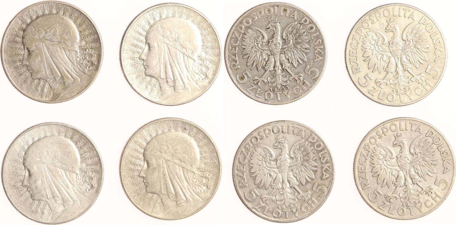 Polen 4 x 5 Zlotych 1933, 1934 Republik 1919-1939. VF | MA-Shops