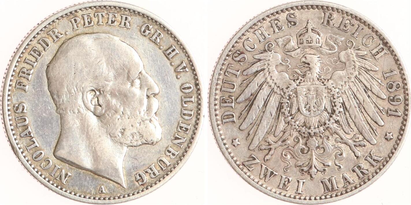 Oldenburg 2 Mark 1891 A Nicolaus Friedrich Peter 1853-1900. VF | MA-Shops