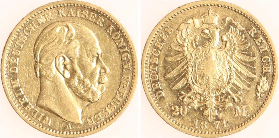 Preussen 20 Mark 1871 A Wilhelm I. 1861-1888. VF-EF | MA-Shops