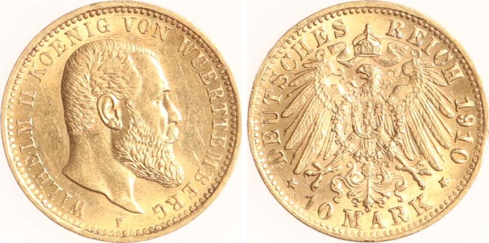 Württemberg 10 Mark 1910 F Wilhelm II. 1891-1918. EF | MA-Shops