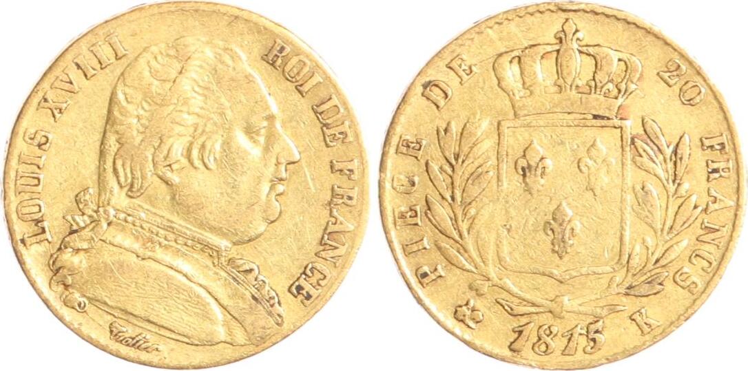 Frankreich 20 Francs 1815 K Louis XVIII. 1814, 1815-1824. VF-EF | MA-Shops