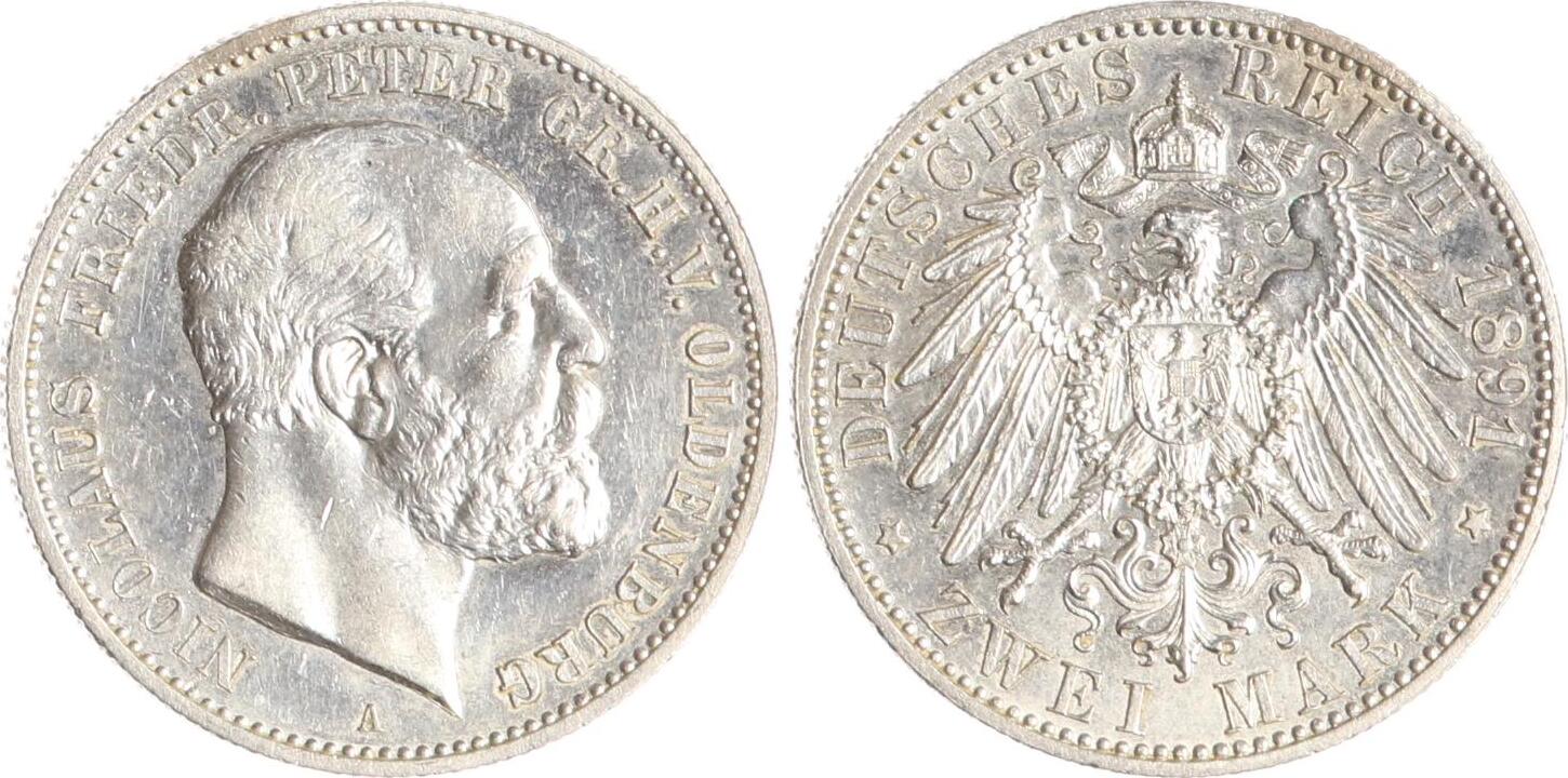 Oldenburg 2 Mark 1891 A Nicolaus Friedrich Peter 1853-1900. EF | MA-Shops