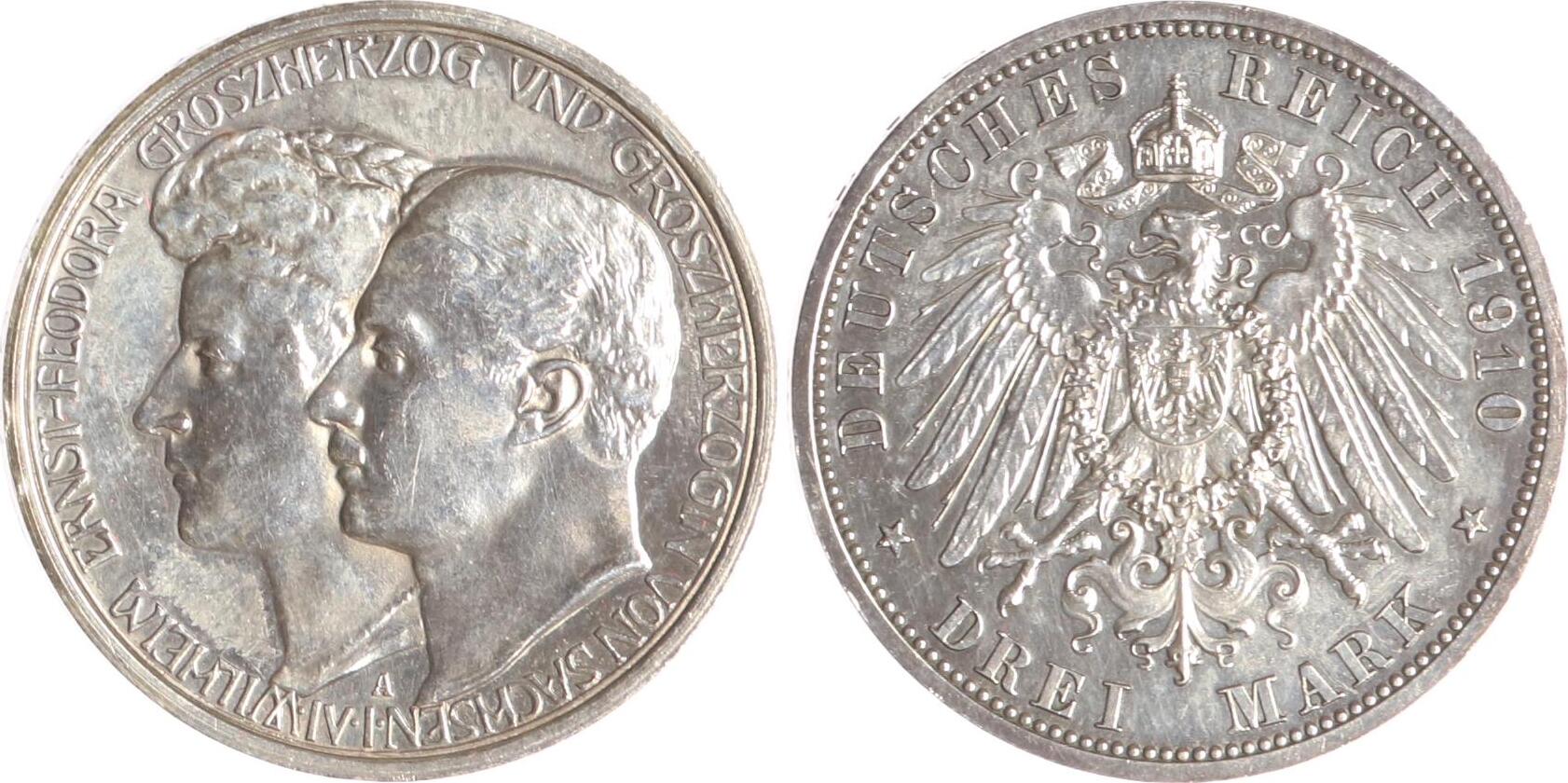 Sachsen-Weimar-Eisenach 3 Mark 1910 A Wilhelm Ernst 1901-1918 Proof ...