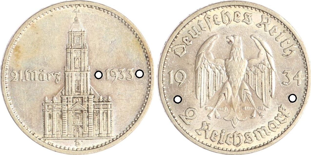 Drittes Reich 2 Reichsmark 1934 D Garnisonkirche mit Datum. EF | MA-Shops