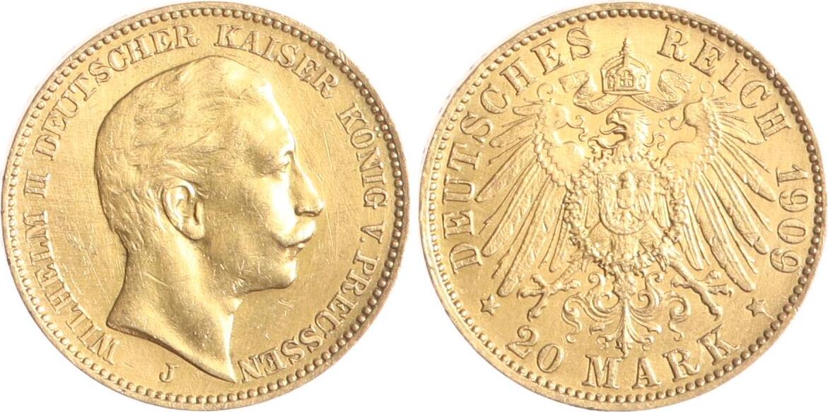 Preussen 20 Mark 1909 J Wilhelm II. 1888-1918. VF-EF | MA-Shops