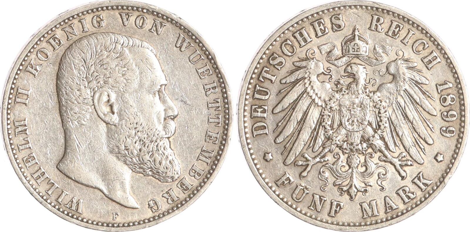 Württemberg 5 Mark 1899 F Wilhelm II. 1891-1918. VF | MA-Shops