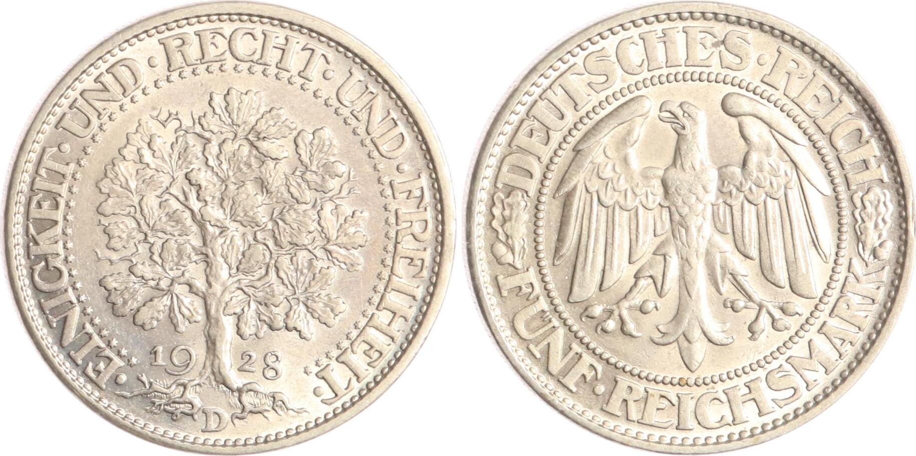 Weimarer Republik 5 Reichsmark 1928 D Eichbaum. EF | MA-Shops