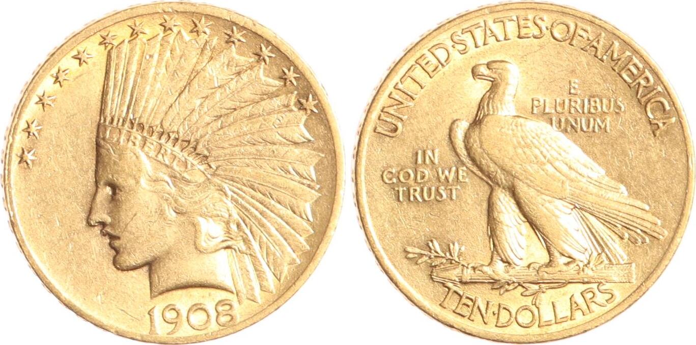 USA 10 Dollars 1908 Indian Head. EF | MA-Shops