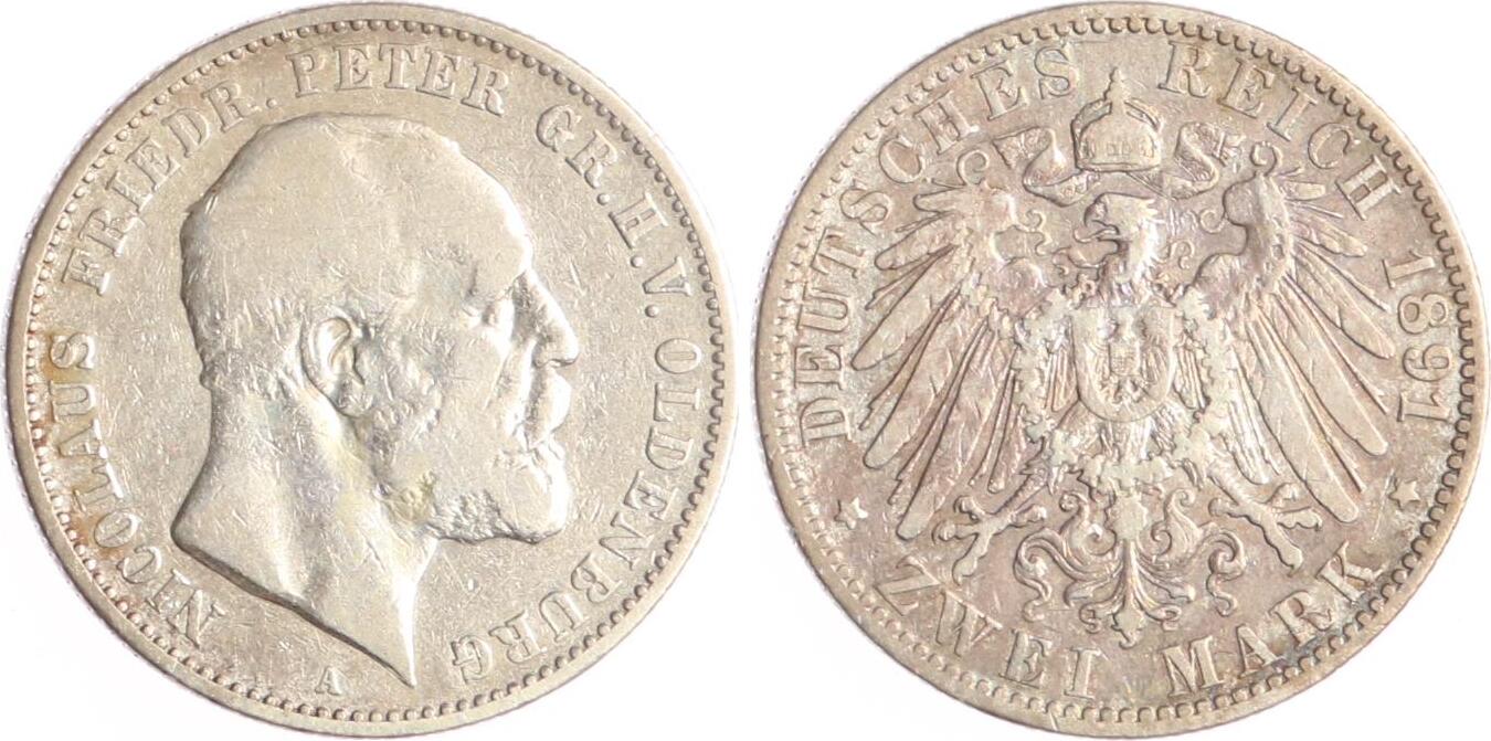 Oldenburg 2 Mark 1891 A Nicolaus Friedrich Peter 1853-1900. VF- | MA-Shops