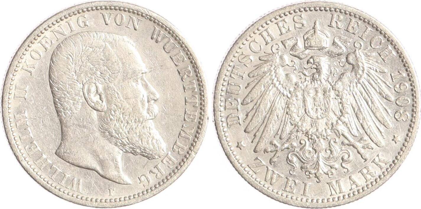 Württemberg 2 Mark 1908 F Wilhelm II. 1891-1918. VF | MA-Shops