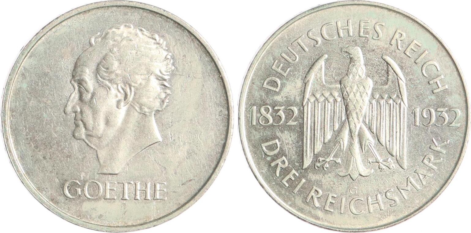 Weimarer Republik 3 Reichsmark 1932 G Goethe. VF-EF | MA-Shops